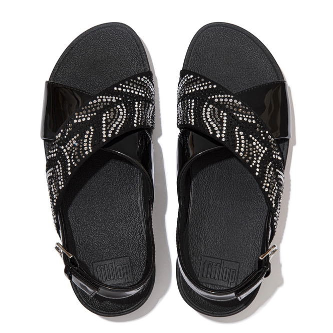 Sandales FitFlop Women Lulu Crystal Feather Back-Strap Sandals All Black | Fashionchaussures