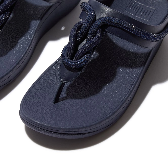 FitFlop Women Fino Crystal-Cord Leather Toe-Post Midnight Navy | Onlybrands